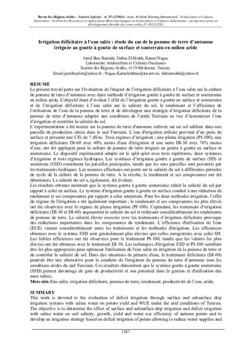 Irrigation déficitaire à l’eau salée : étude du cas de la pomme de ...